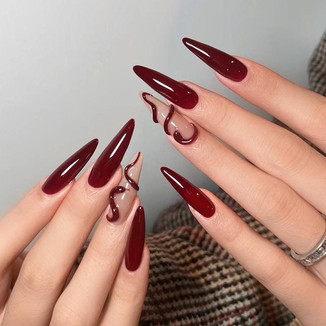 Handmade Dark Blood Red Snake Halloween Press on Nails Snake Nails Goth ...