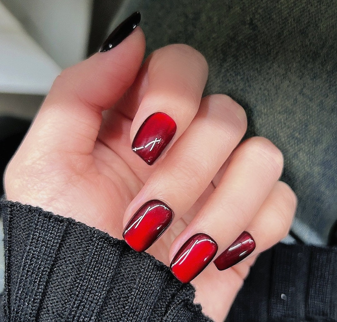 Handmade Dark Red Glass Bead Cat Eye Press on Nails Cat Eye Nails Red ...