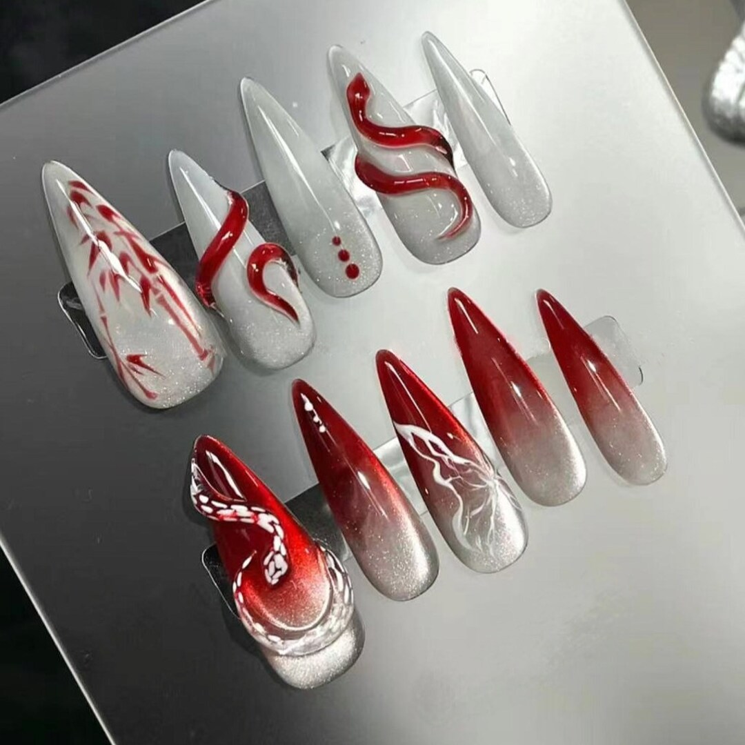 Handmade Red White Bamboo Snake Butterfly Sliver Glitter Press on Nails ...