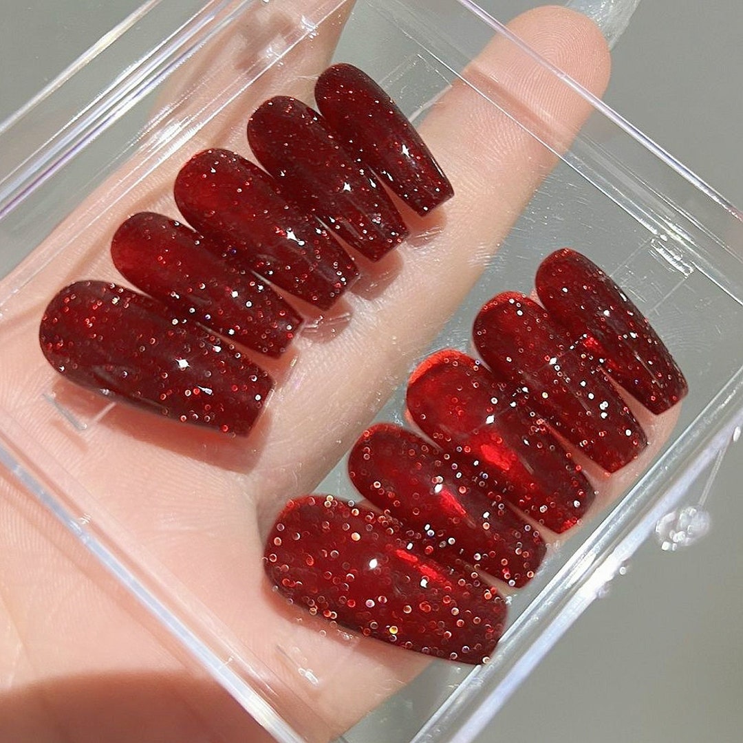 Handmade Cherry Red Starlight Glitter Press on Nails Red Nails Glitter ...