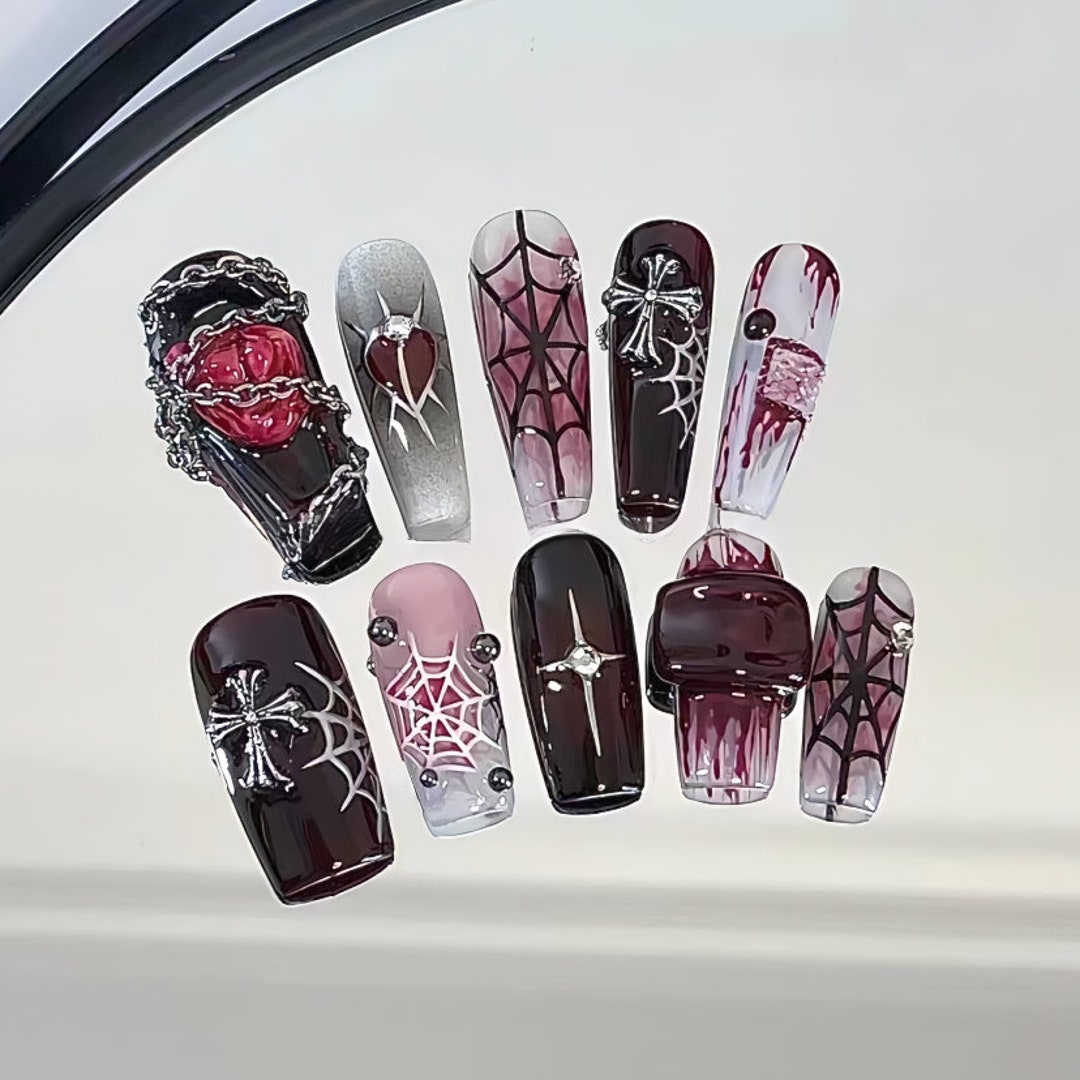 Handmade Black Spider Web Chain Red Heart Halloween Press on Nails ...