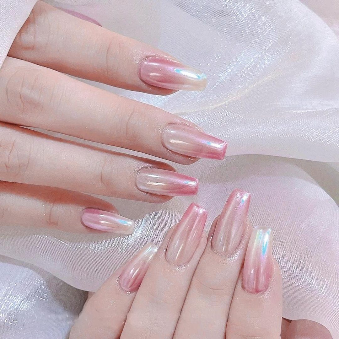 Handmade Pearl White Pink Ombre Aurora Press on Nails Aurora Nails ...