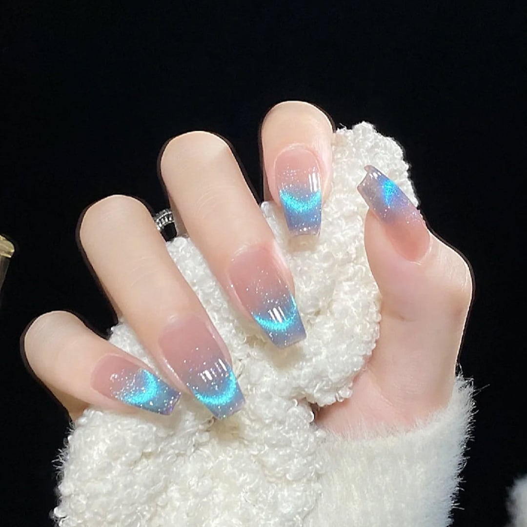 Handmade Sea Blue Cat Eye Aurora Ombre Press on Nails Ombre Nails Blue ...