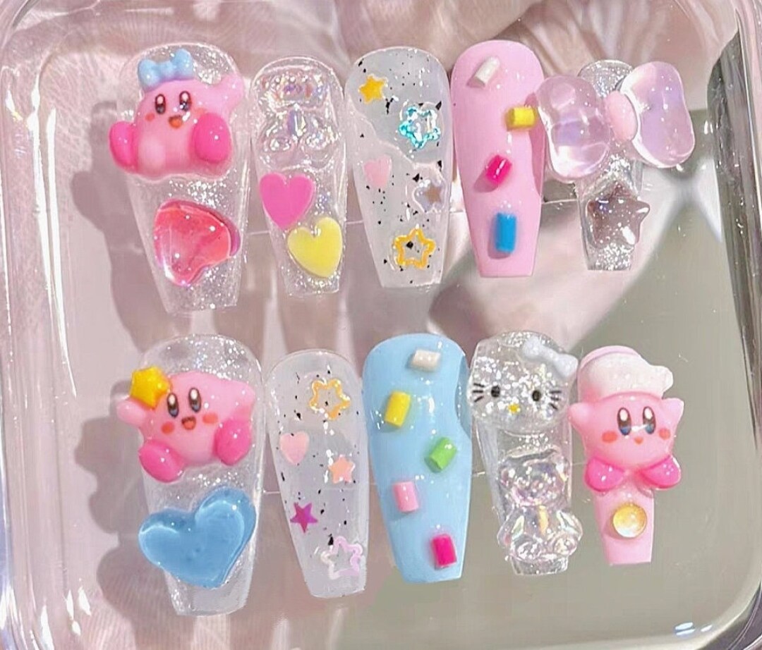 Handmade Kirby Kitty Pink Blue Dopamine Color Heart Bow Game Character ...