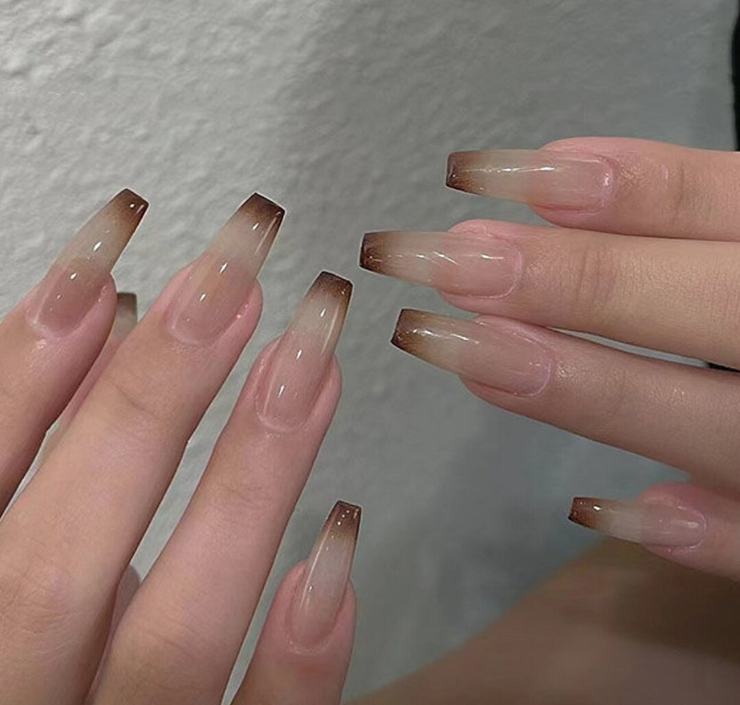 Handmade Siamese Cat Caramel Coffee Brown Ombre Winter Press on Nails ...