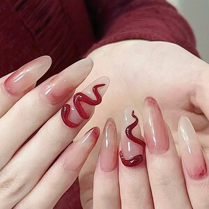 Handmade Red Snake Red Marble Ombre Halloween Press on Nails Snake ...