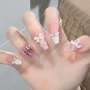 Handmade Baroque Cupid Arrow Lace Stripe Bow Nude Pink Press on Nails ...