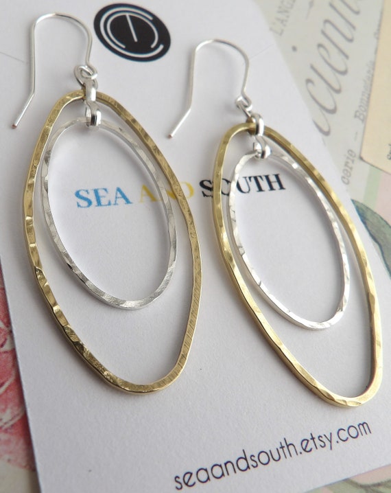 Two Tone Double Hoop Earrings Double Hoop Earrings Oval Hoops Hammered Hoop Earrings Dangle Hoop Earrings Gold Hoop Earrings Silver Hoops Etsy