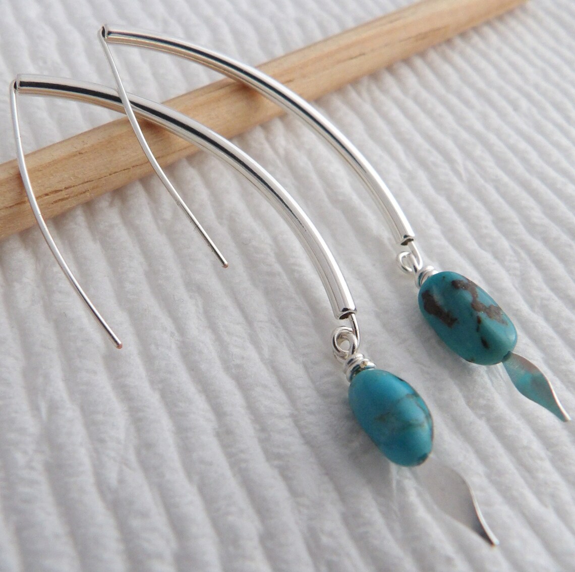 Turquoise Silver Curved Earrings Natural Gemstone Earrings Silver Bar ...