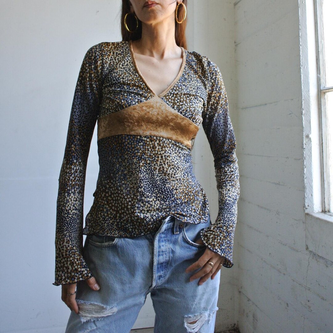 Vintage 2000s Flared Sleeve Velvet Sheer Stretch Top - Etsy