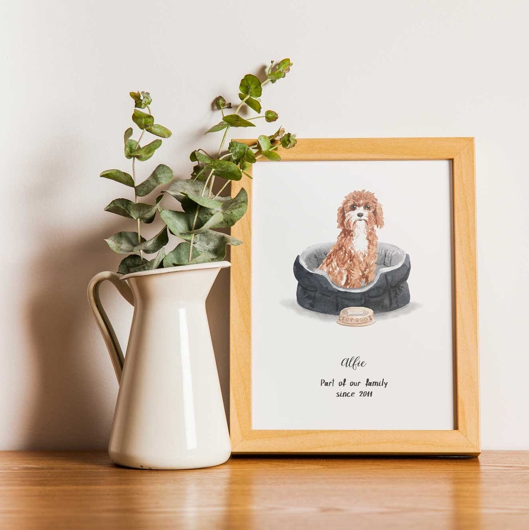 Personalised Cavapoo Art, Cute Cavapoo in Dog Bed, Apricot, Black or Blond Dog, Unframed Print ...