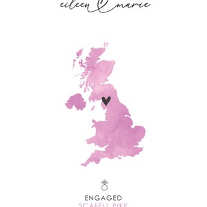 Personalised UK Watercolour Map With Engagement/wedding Location, A4 ...