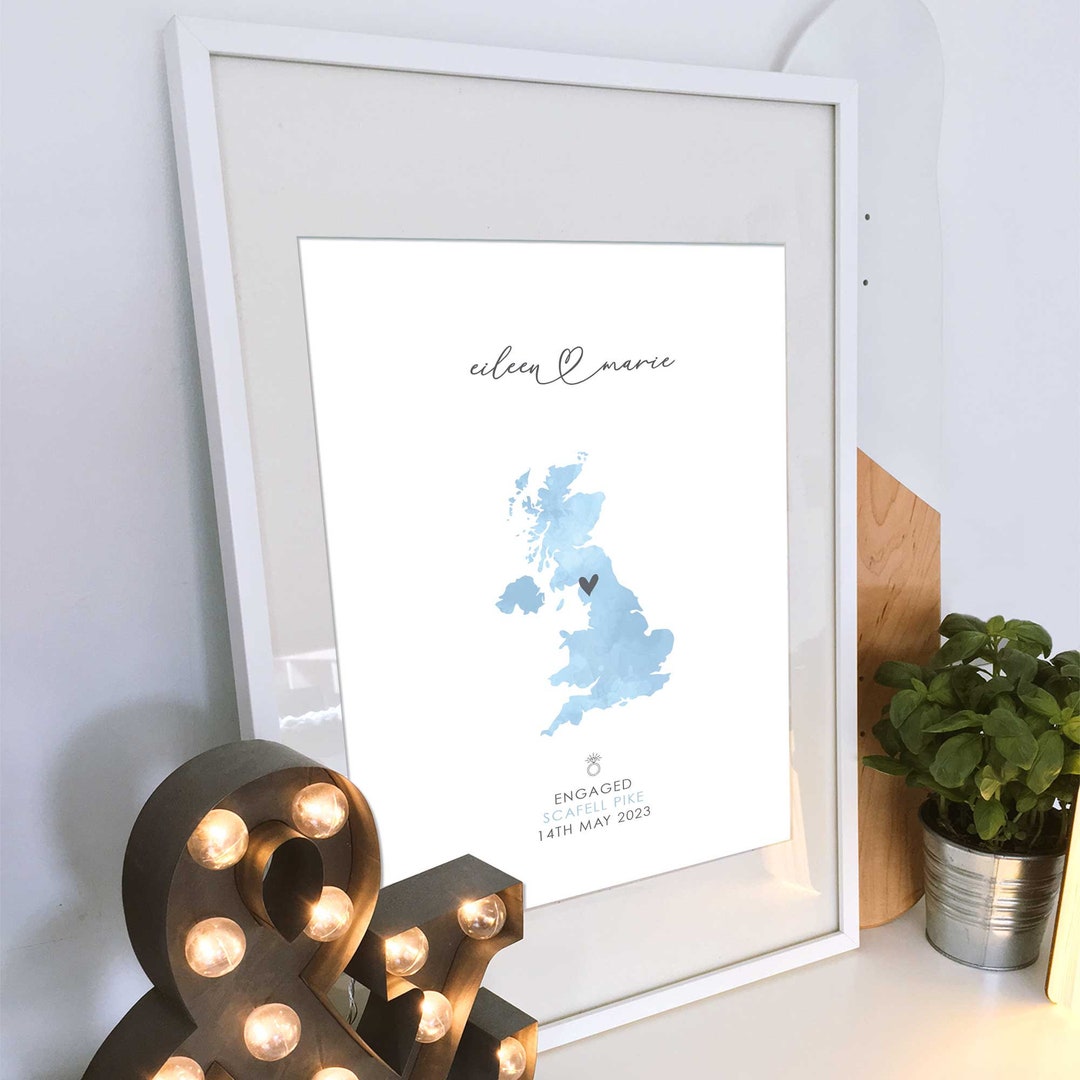 Personalised UK Watercolour Map With Engagement/wedding Location, A4 ...