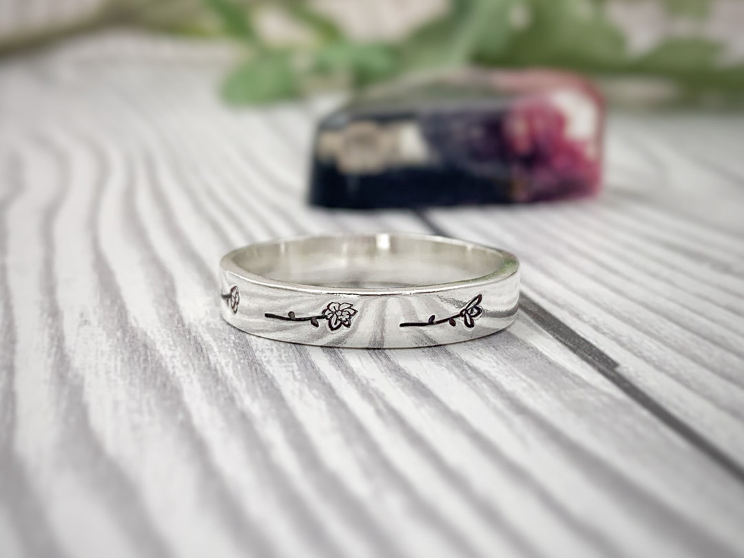 Personalised Birth Flower Band, Flower Jewellery, Sterling Silver Ring ...