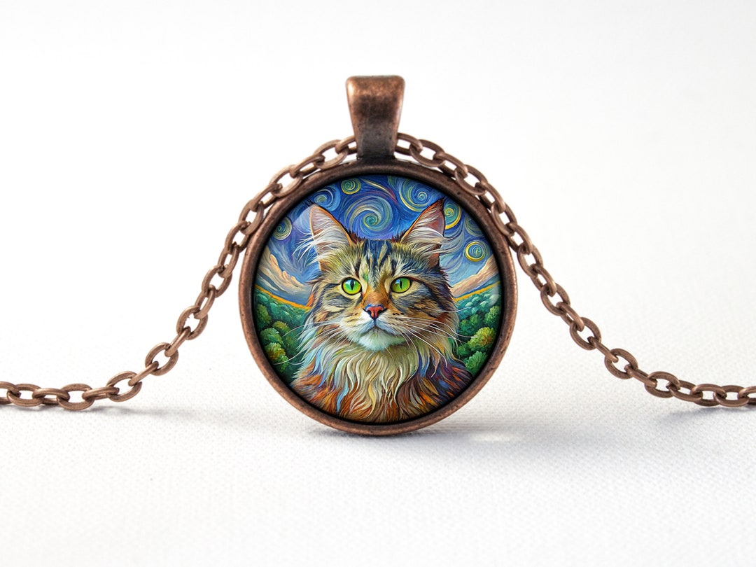 Maine Coon Cat Necklace Cat Keychain Van Gogh Style Pets Cat Pendant ...