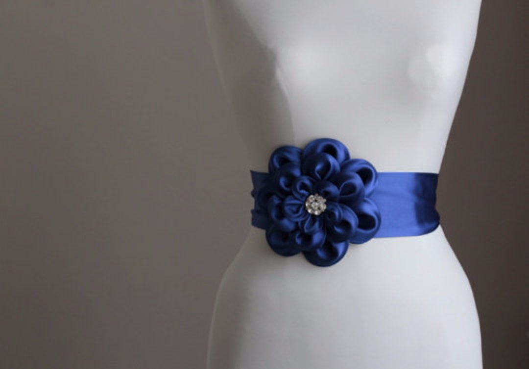 Royal Blue Satin Flower Wedding Dress Belt With Crystal - Etsy