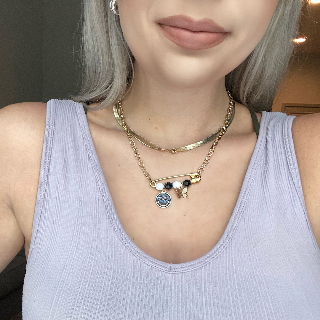 Safety Pin Necklace With Smiley Face and Butterfly Charm / Charm ...