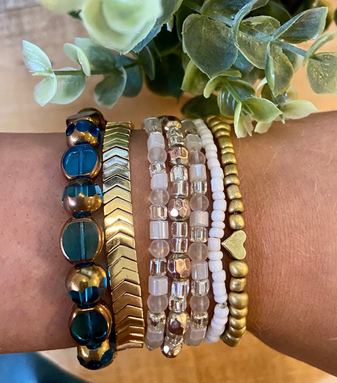 Neutral Gold and Blue Beaded Stackable Bracelets, Seven Bracelet Stack ...