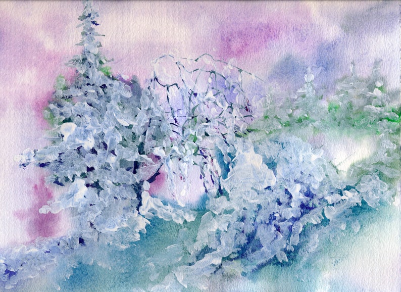 Winter fantasy snow pine trees original violet purple | Etsy