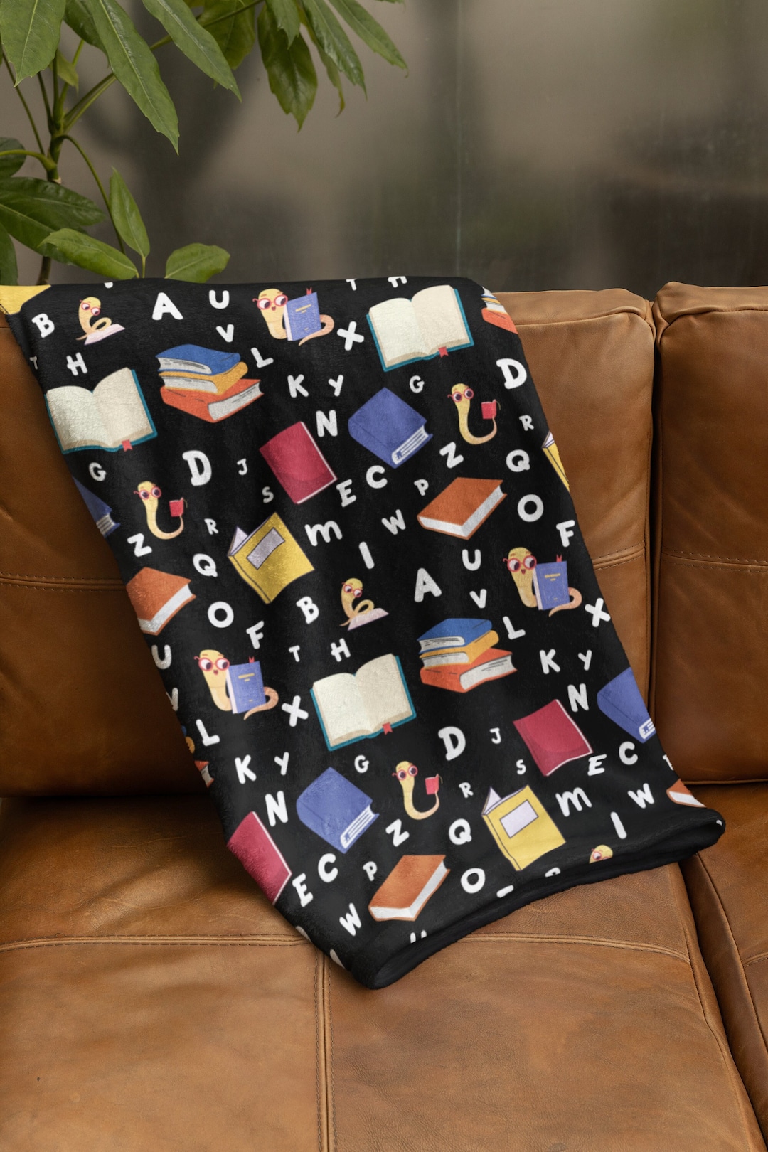 Book Blanket, Bookworm Alphabet Throw, Velveteen Plush, Gift for Reader ...