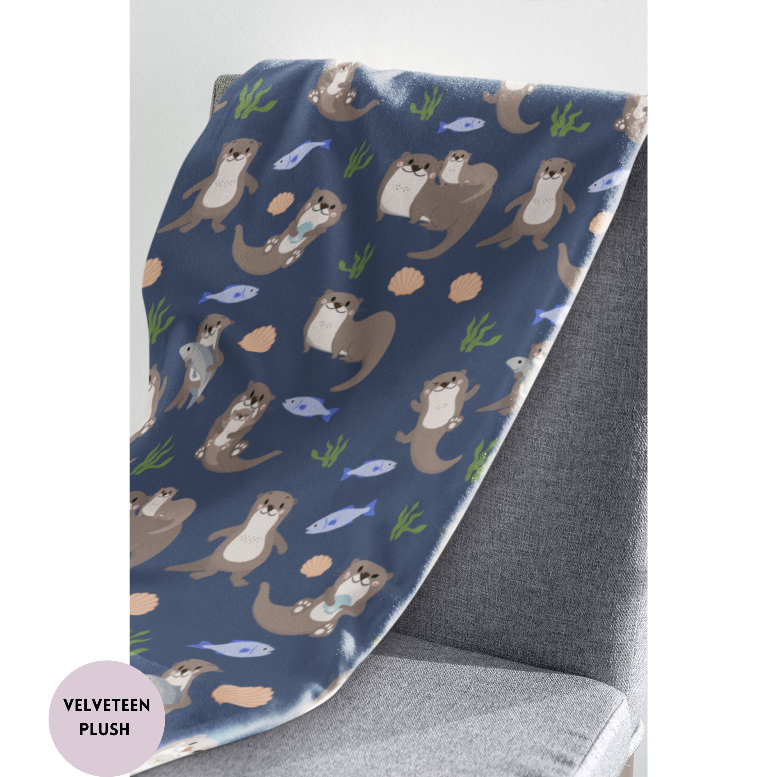 Navy Otter Blanket, Gift for Otter Lover, Velveteen Plush Throw Blanket ...