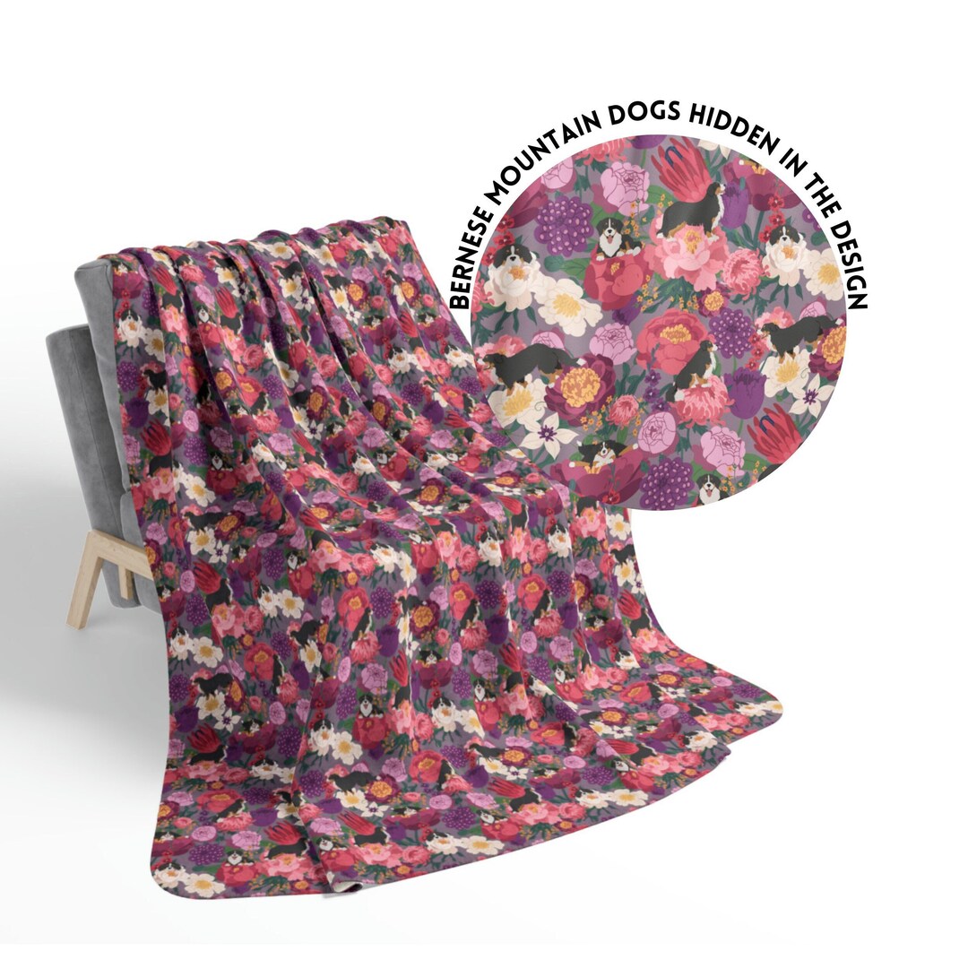 Bernese Mountain Dog Floral Blanket, Berner Dog Mom Gift, Pink Purple ...