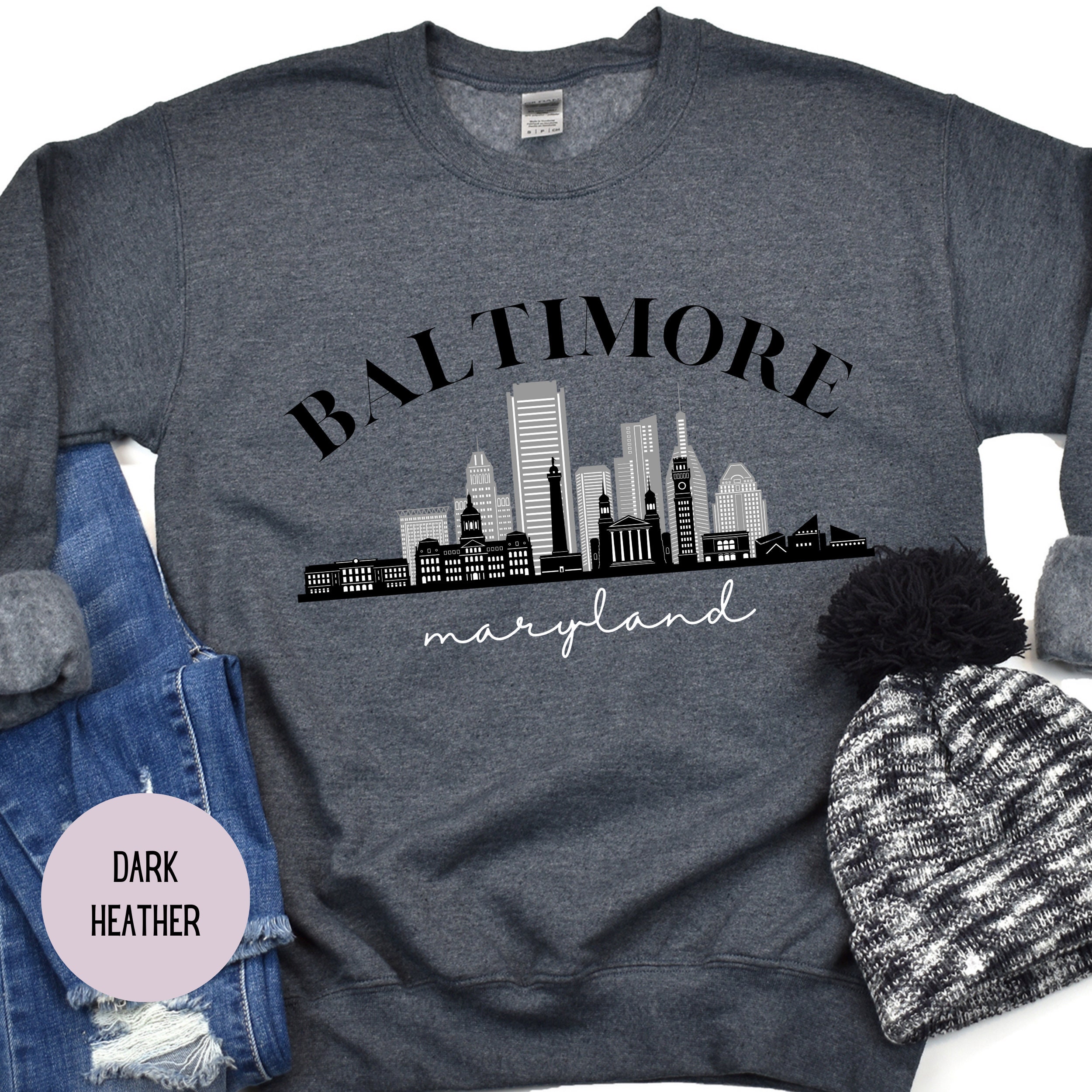 Baltimore Maryland Sweatshirt, Baltimore Skyline Shirt, Baltimore Gift ...