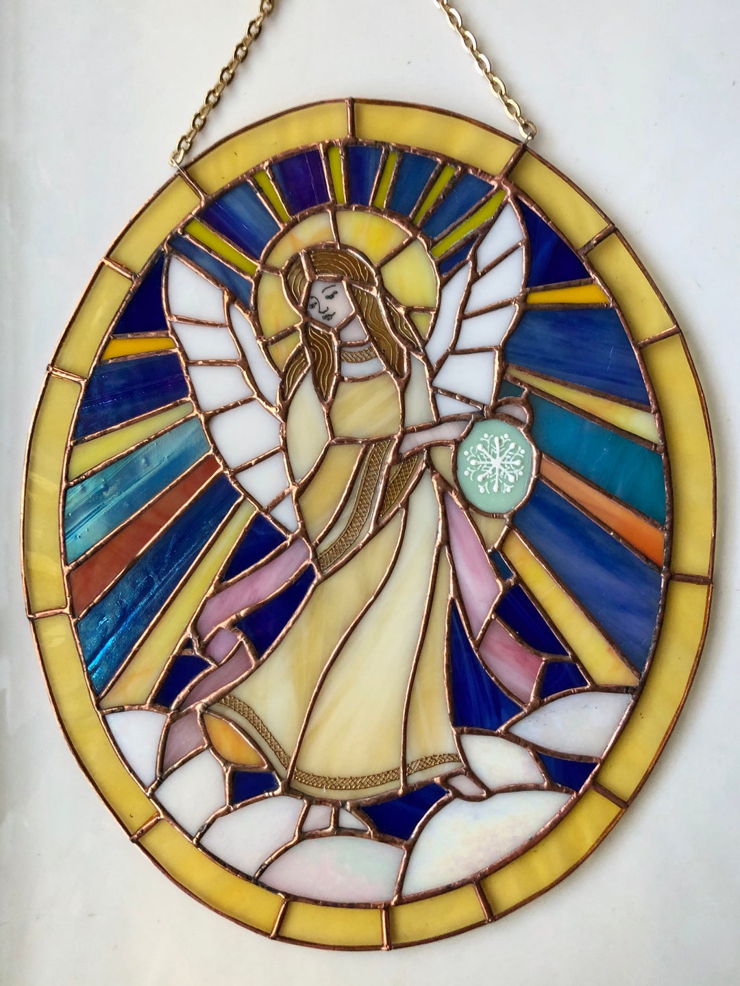 Stained Glass Angel for Christmas, Guardian Angel Oval Sun Catcher ...