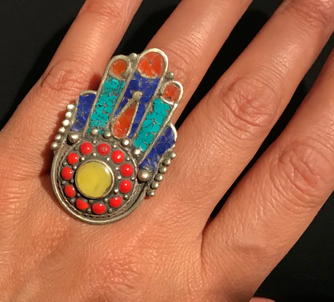 Khamsa Ring, 10 Hands of Fatima Ring-nepal Turquoise Ring-vintage ...