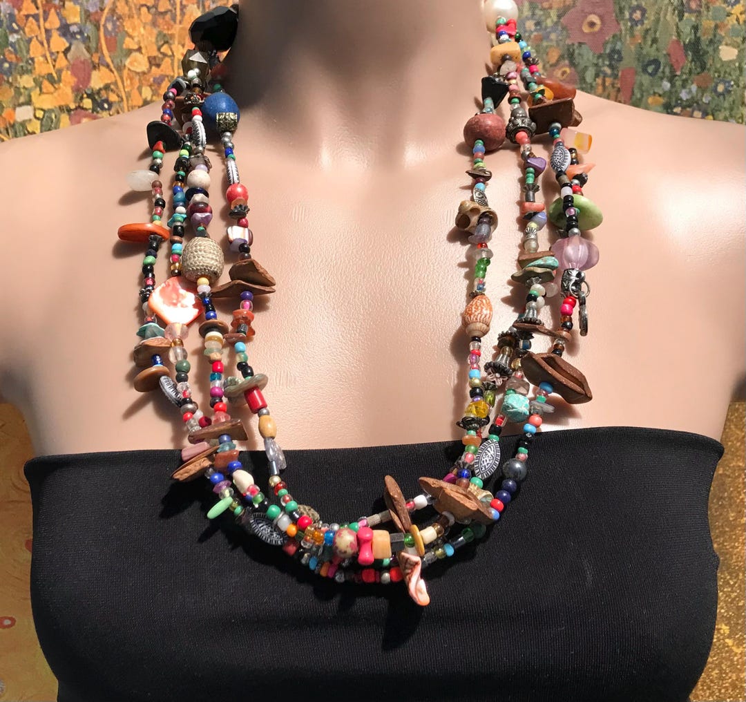 Vintage Berber Necklace: Handmade Glass Beads, Shell, Tarnished Silver ...