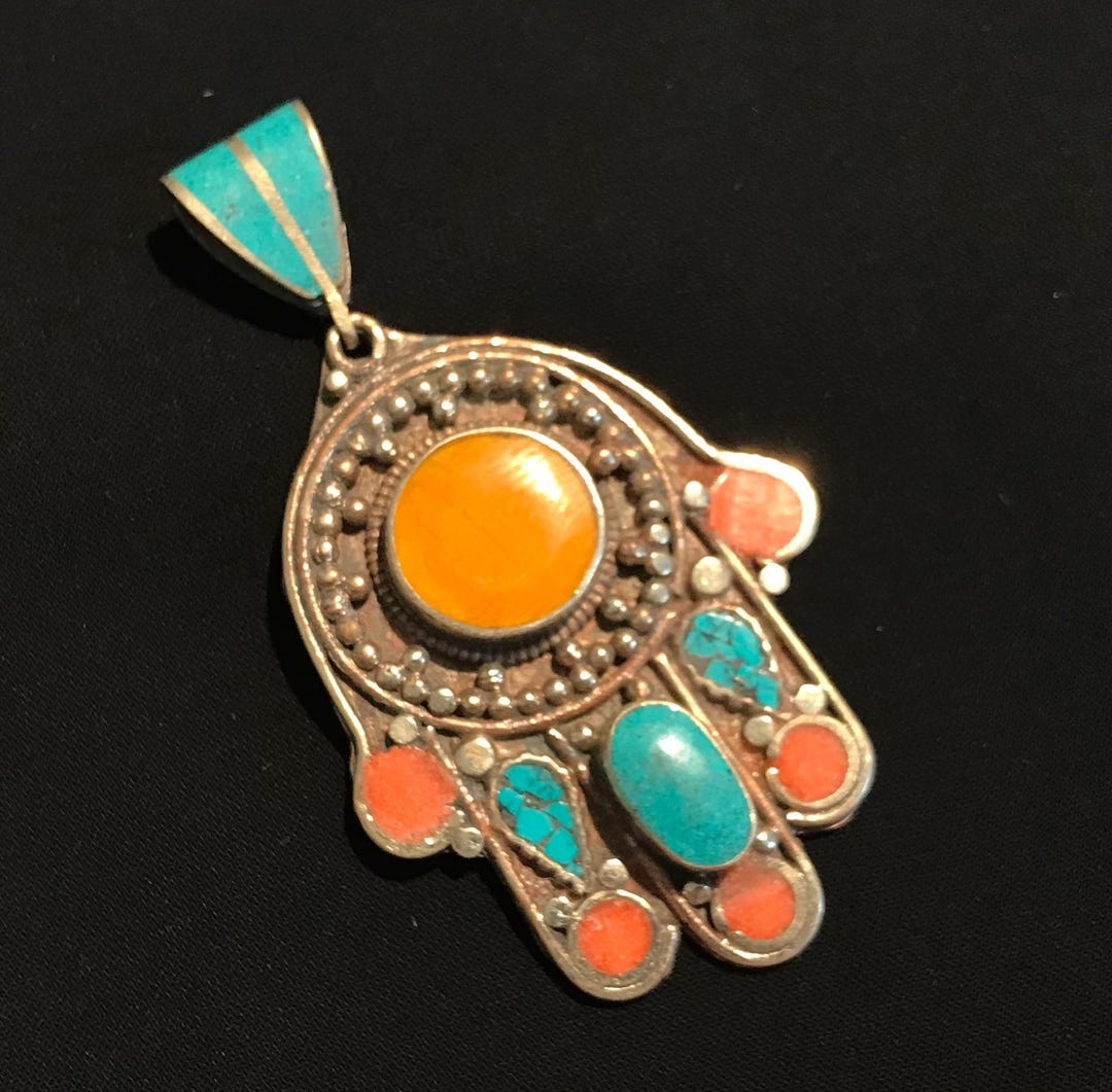 Vintage Khamsa Hand Pendant: Turquoise & Yellow Jade Fatima Amulet - Etsy