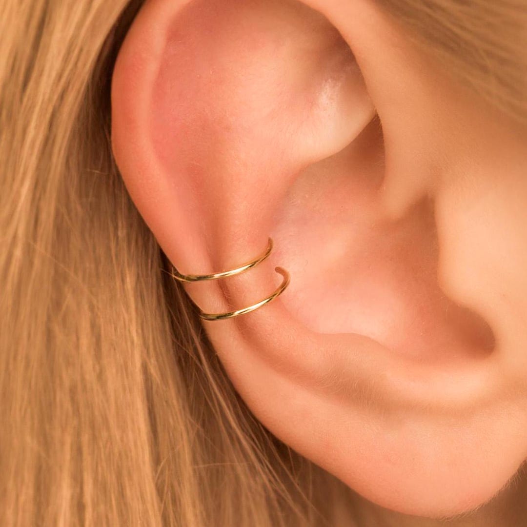 Dainty Double Ear Cuff • No Piercing Required • Thin Bands Earcuff Earring • 18K Gold Vermeil or ...