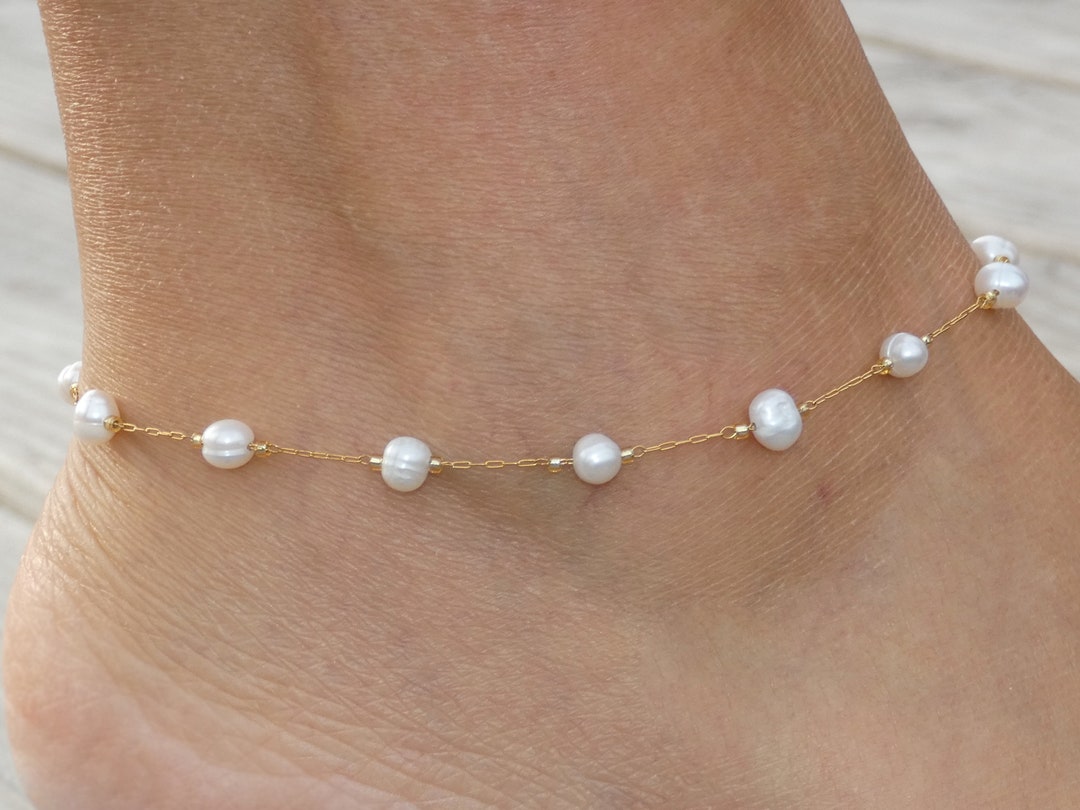18K Gold Pearl Anklet Freshwater Natural Beaded Pearl Chain Anklet ...
