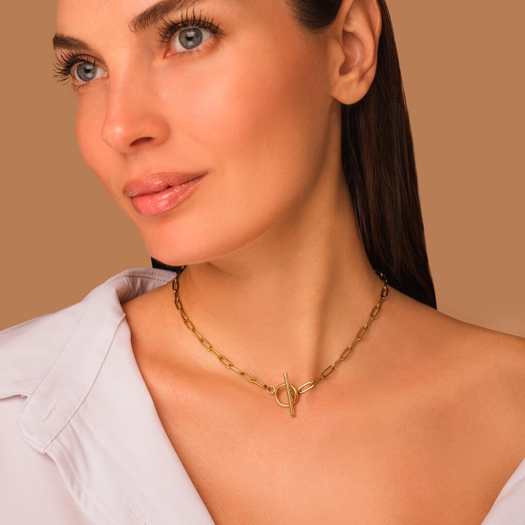 Toggle Paperclip Necklace, T Bar Clasp Link Chain Necklace in Gold or ...