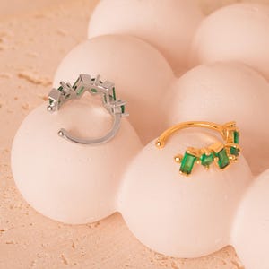Green Ear Cuff • No Piercing Required • Dainty Round & Baguette Emerald ...