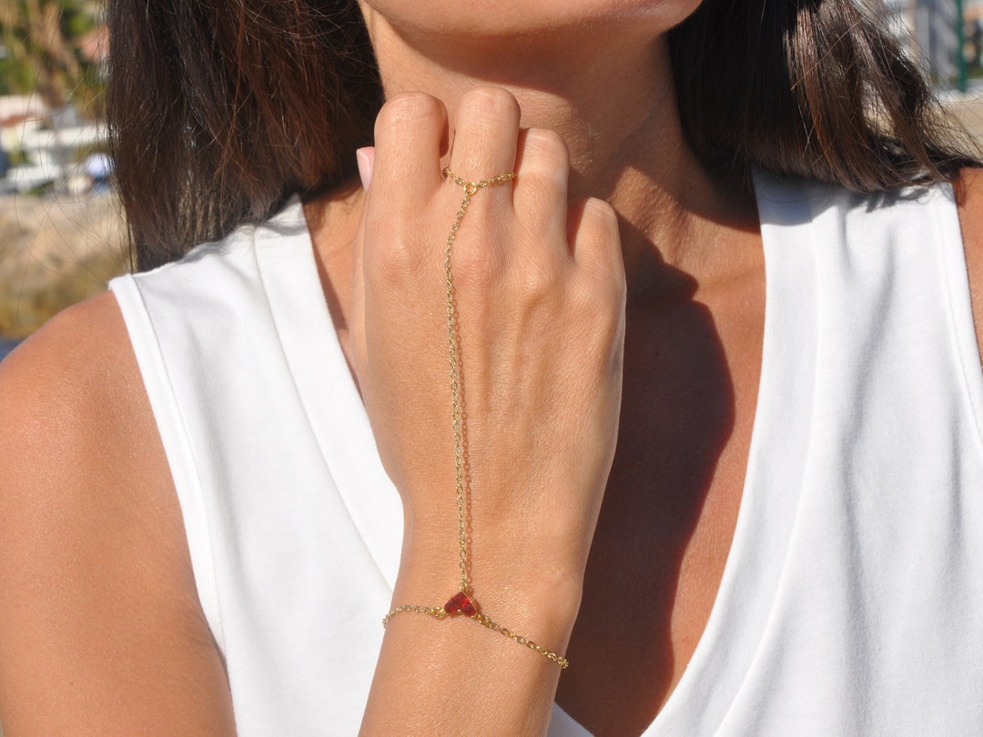 Red Heart Hand Chain Bracelet - Gold Hand Chain Bracelet - Red CZ Heart ...