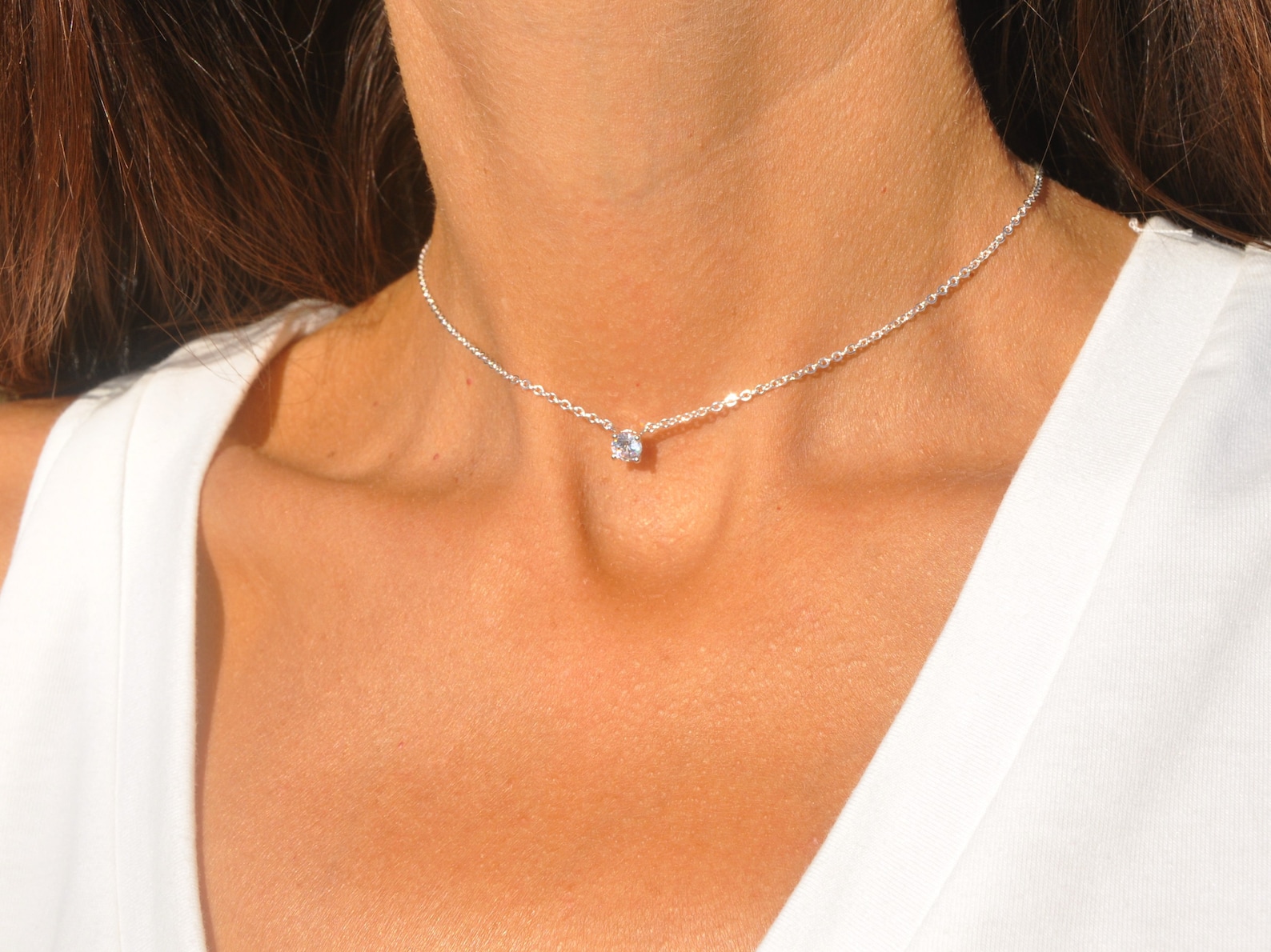Solitaire Choker Necklace | Small CZ Diamond Choker Necklace, Solitaire ...
