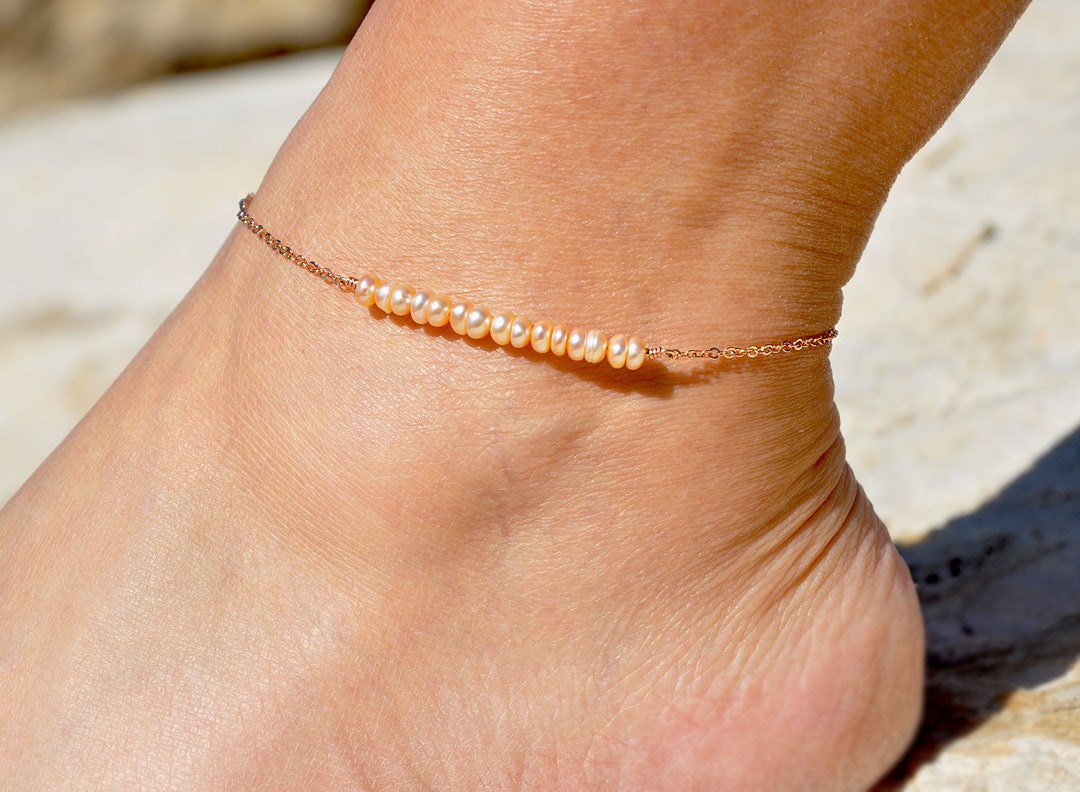 Rose Gold Pearl Bar Anklet Freshwater Pearl Anklet, Rose Gold Anklet, Personalized Pink Bead Bar ...