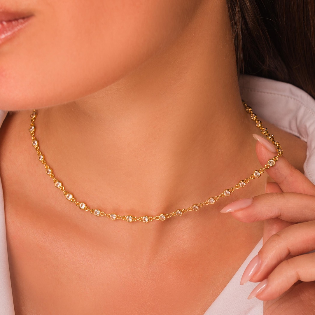 Tiny Diamond Link Chain Necklace | Personalized Gold CZ Diamond Chain ...