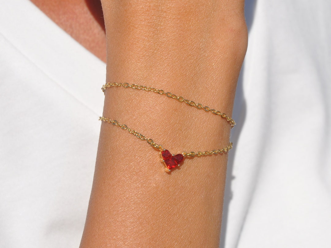 Dual Chain Red Heart Bracelet | Personalized Layering Red Heart ...