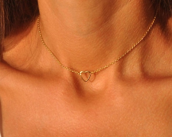 Heart Choker, Dangle Gold Heart Necklace - Etsy