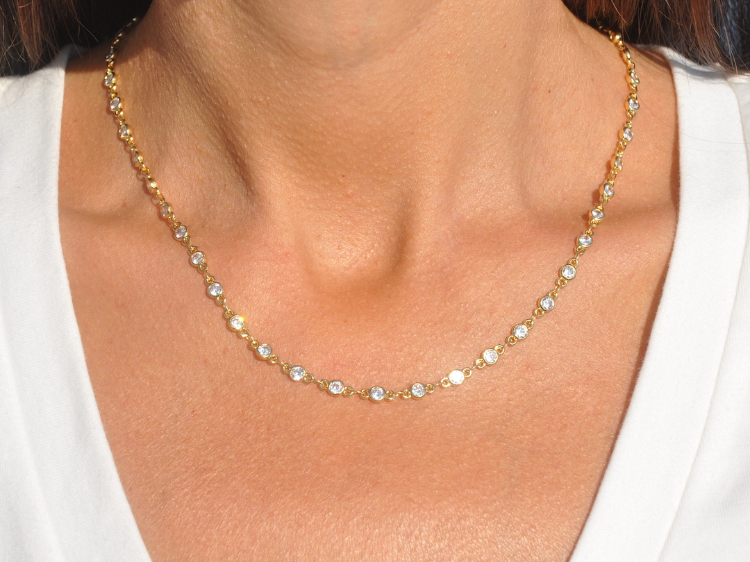 Tiny Diamond Link Chain Necklace Personalized Gold CZ Diamond Chain ...