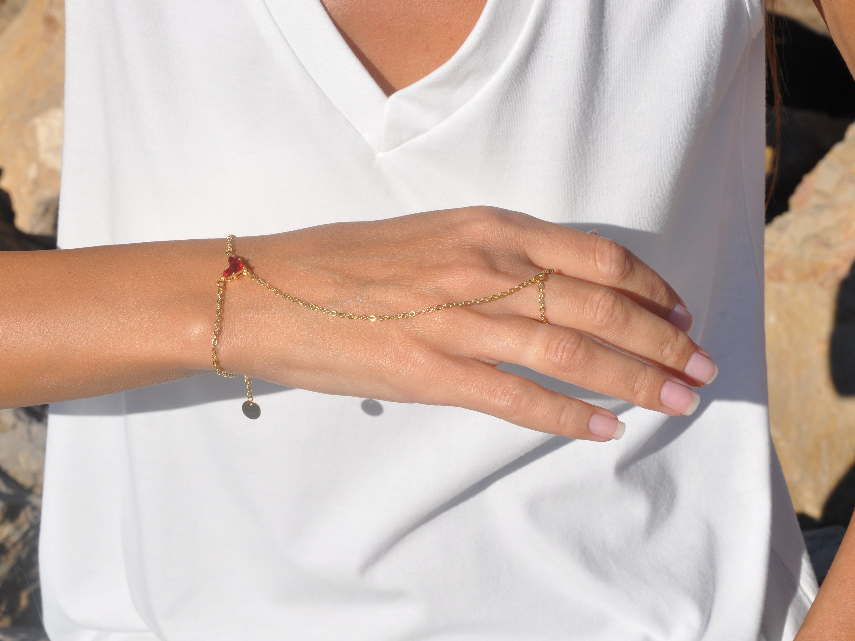 Red Heart Hand Chain Bracelet Gold Hand Chain Bracelet Red - Etsy