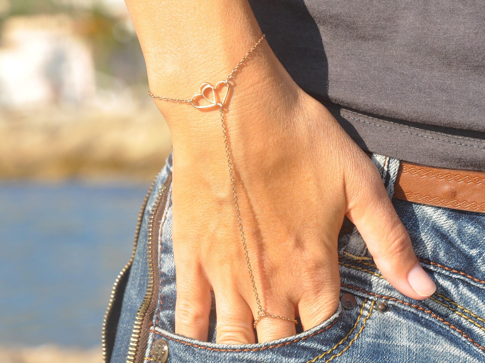 Personalized 2 Heart Hand Chain Bracelet - Gold Double Heart Hand Chain ...