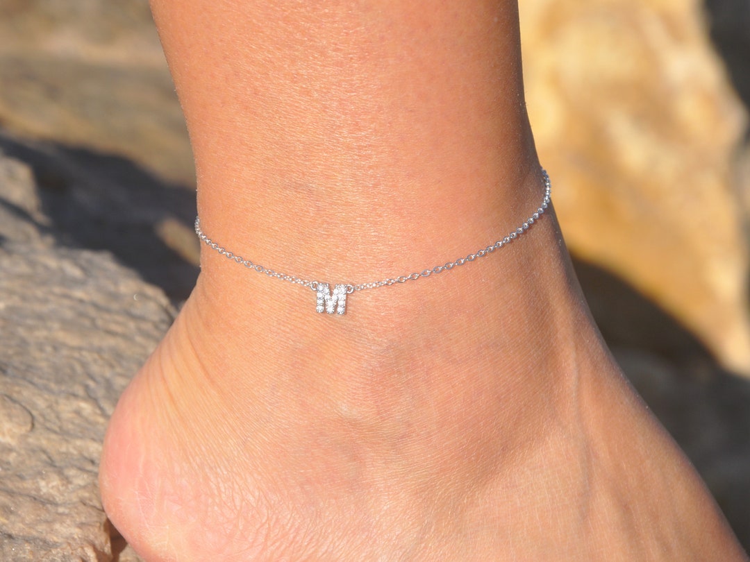 Pave Letter Anklet CZ Initial Anklet Silver Letter Anklet Name Anklet ...