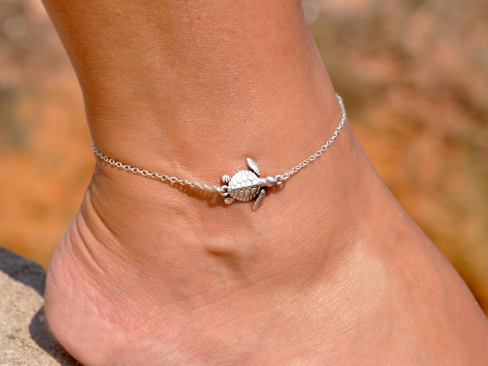 Silver Turtle Anklet Bracelet Turtle Foot Jewelry Sea | Etsy
