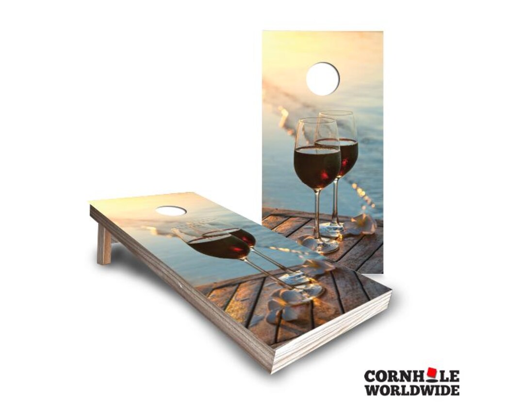 Personalized Sunset Drinking Beach Cornhole Boards Set - Lawn Red Wine ...