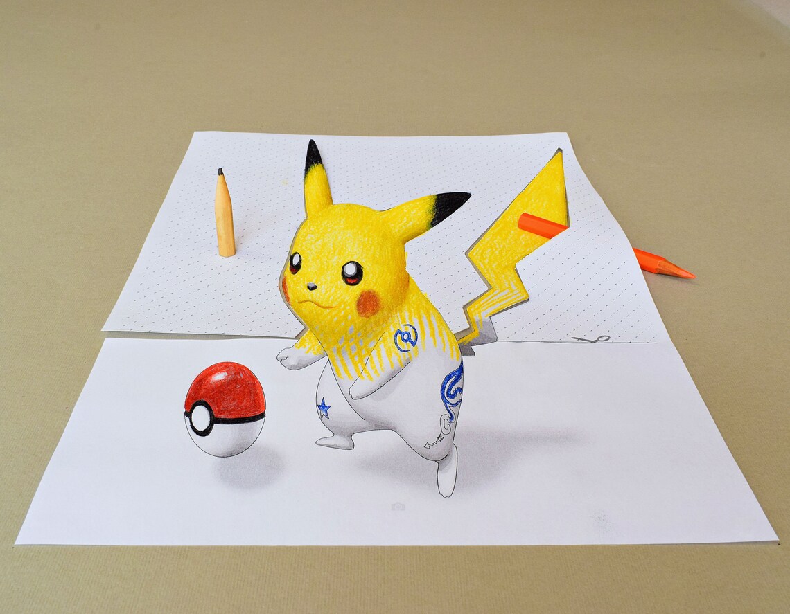 Optical Illusion - Pikachu Coloring Page, 3D Art, Anamorphic Art ...
