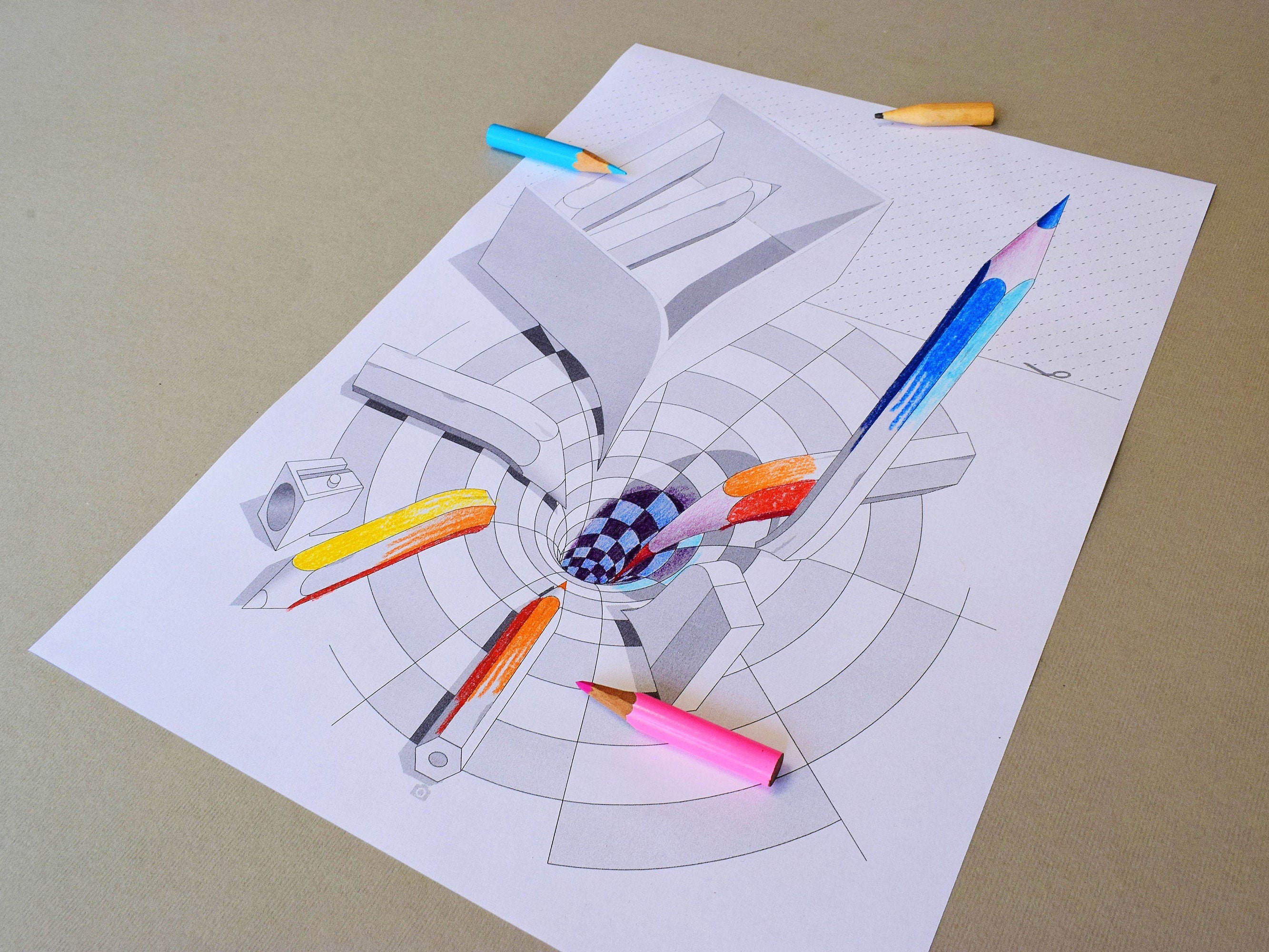 Optical Illusion - 3D Art Coloring Page, Anamorphic Art, Coloring Pages ...