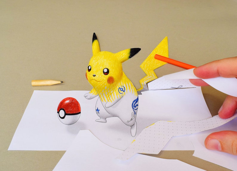 Optical Illusion - Pikachu Coloring Page, 3D Art, Anamorphic Art ...
